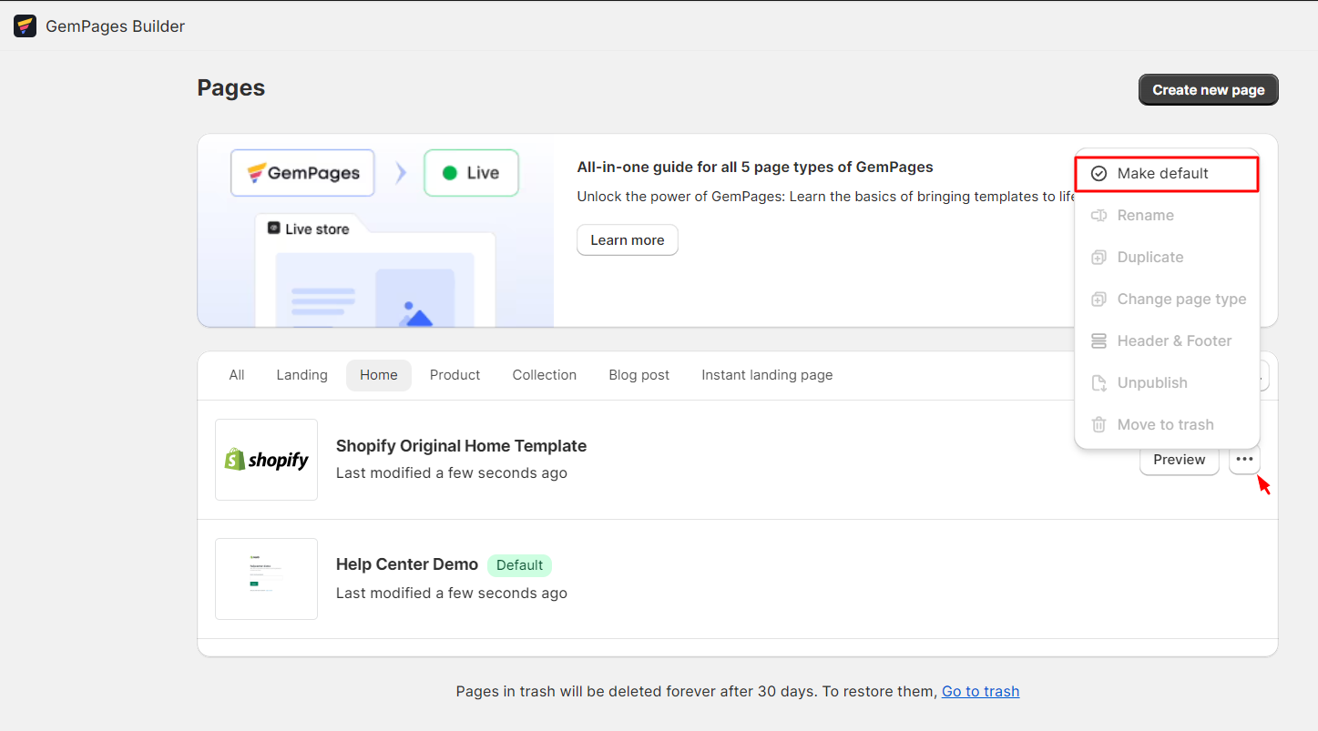 Set a GemPages Page as Default - Help Center