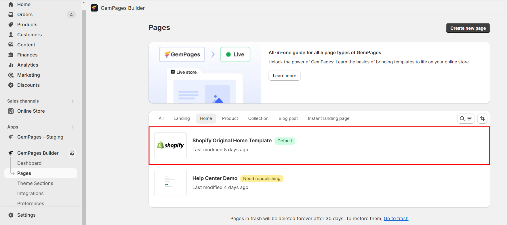 Set a GemPages Page as Default - Help Center