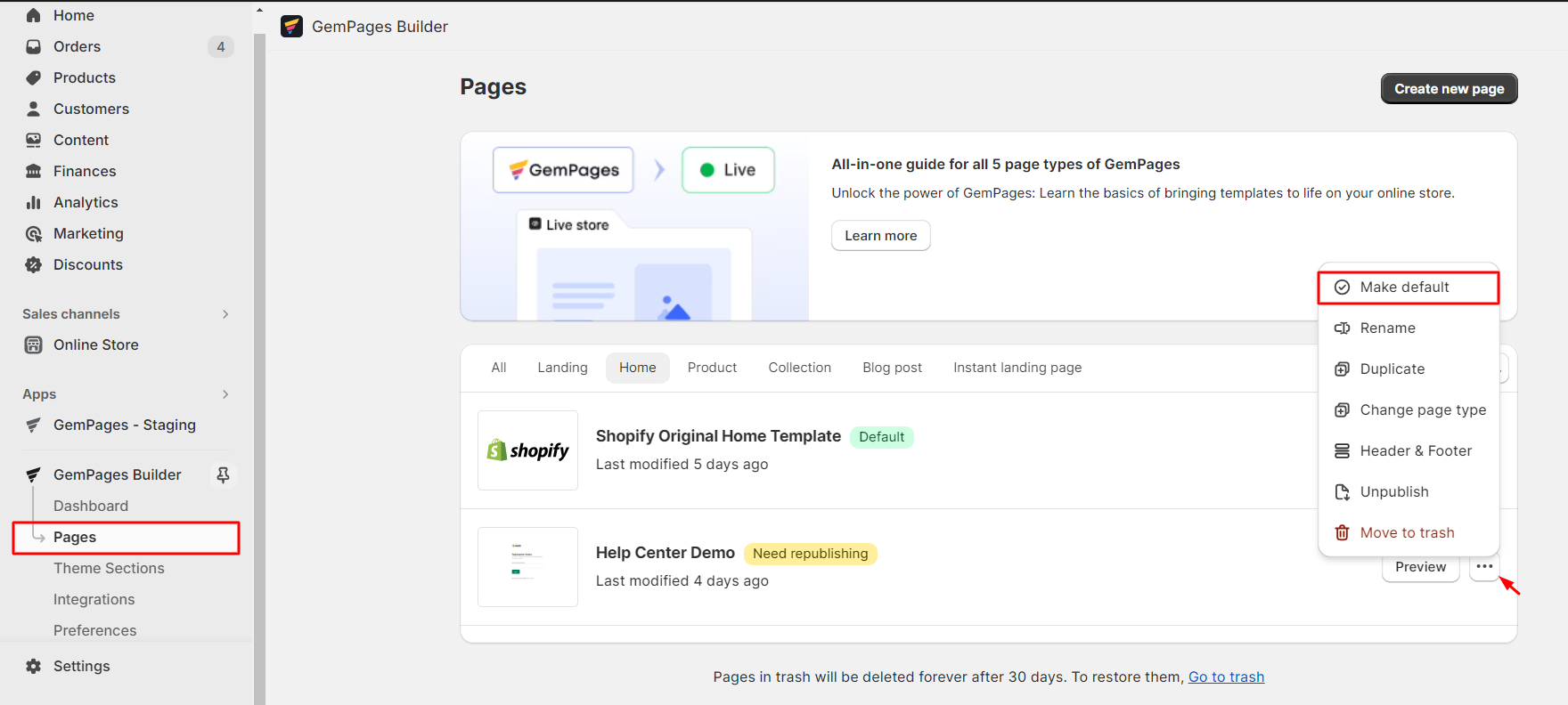 Set a GemPages Page as Default - Help Center