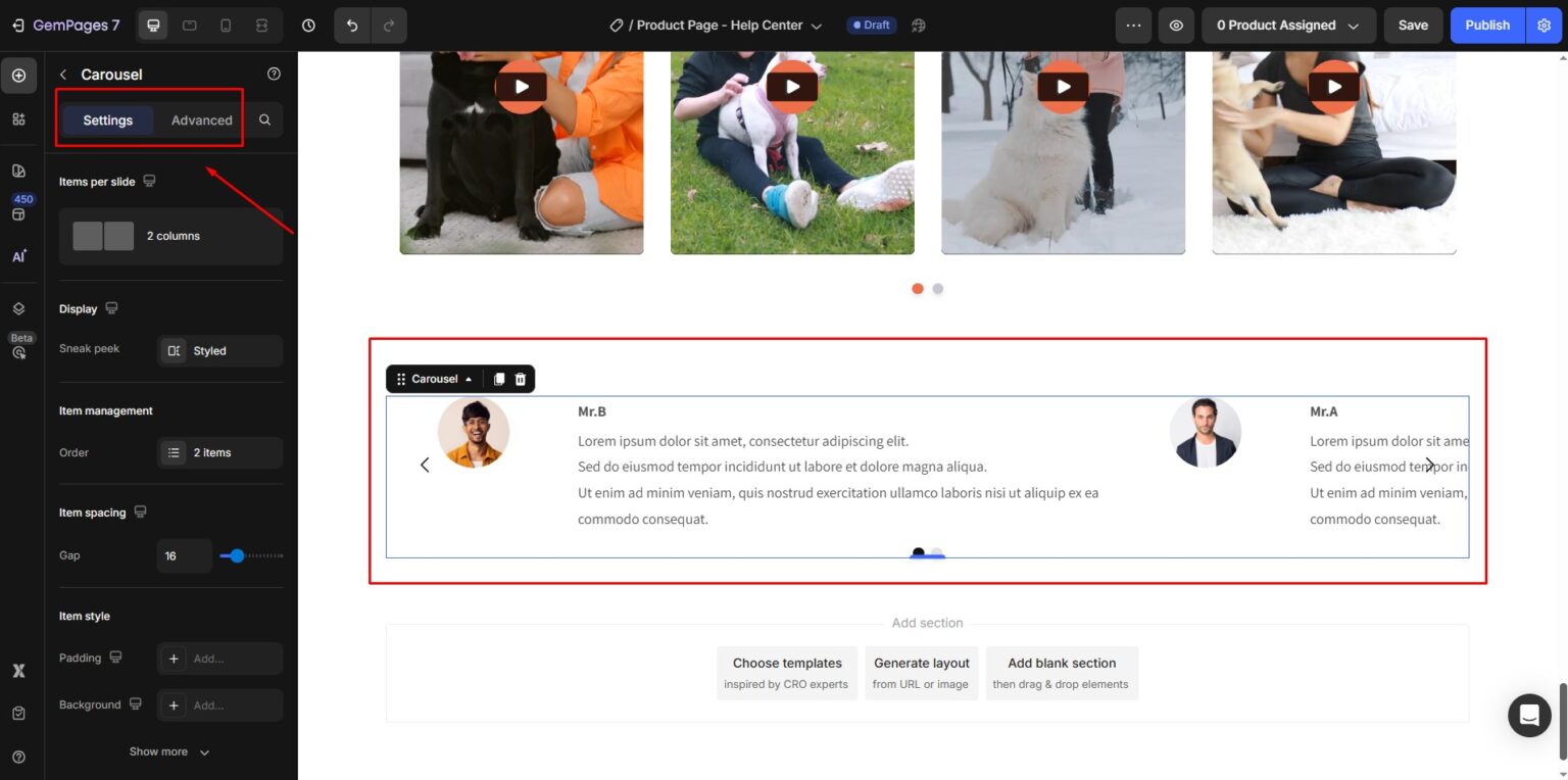 Design Testimonial Section with Carousel Element - Help Center